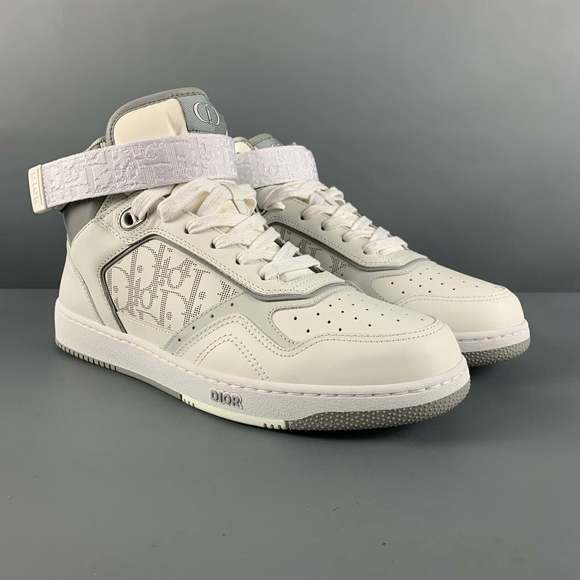 Dior | Shoes | Dior White Grey Logo Leather High Top Sneakers | Poshmark